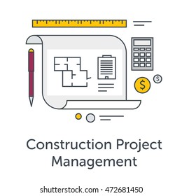 Construction Project Management Thin Line Flat Stock Vector (Royalty ...