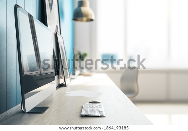Contemporary Desktop Empty Computer Screen City Stock Illustration ...