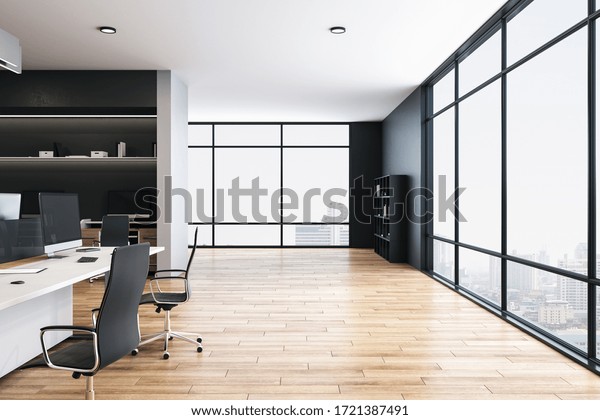 Contemporary Pacious Office Interior Computers On Stock Illustration ...