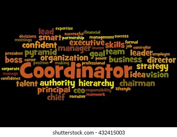 Coordinator Word Cloud Concept On Black Stock Illustration 432415003 ...