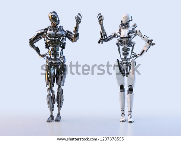 Couple Modern Robots Standing Waving Isolated Stock Illustration 1237378555