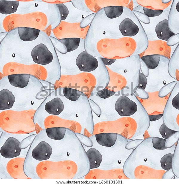 Cows Seamless Pattern Hand Drawn Watercolor 库存插图 1660101301