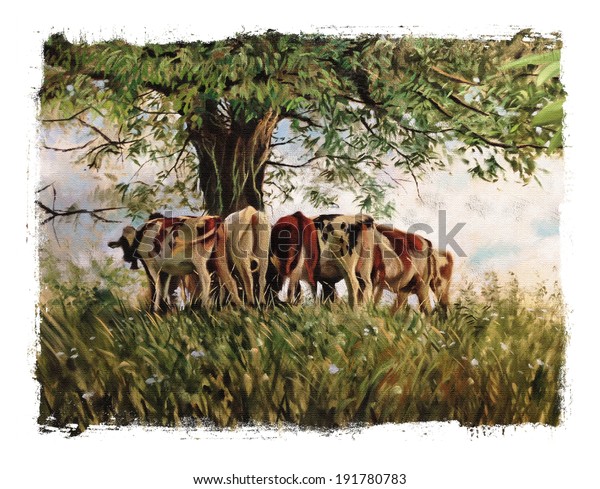 Cows Under Tree Torn Edges Stock Illustration 191780783 | Shutterstock