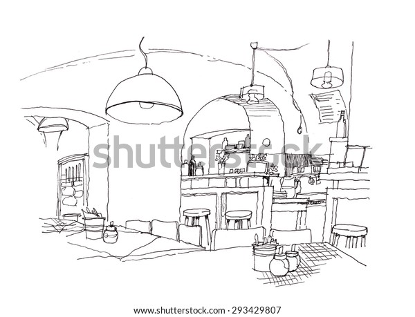 Cozy Small Cafe Interior Hand Sketch Stock Illustration 293429807
