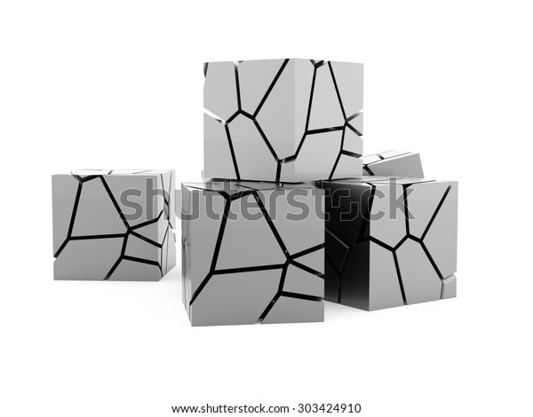 Cracked Silver Cube Rendered On White Stock Illustration 303424910