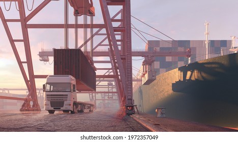 Crane Unloading Containers Freight Ship Sea Stock Illustration ...