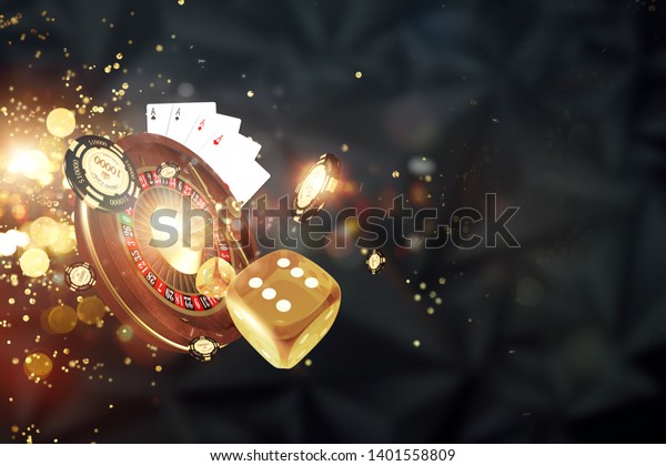 Creative background, roulette, gaming dice, cards, casino chips on a ...
