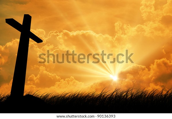 Cross Silhouette Sunset Background Stock Illustration 90136393