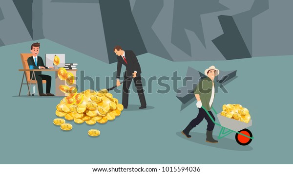 Cryptocurrency creative art, one man carrying bitcoins heap somewhere ...