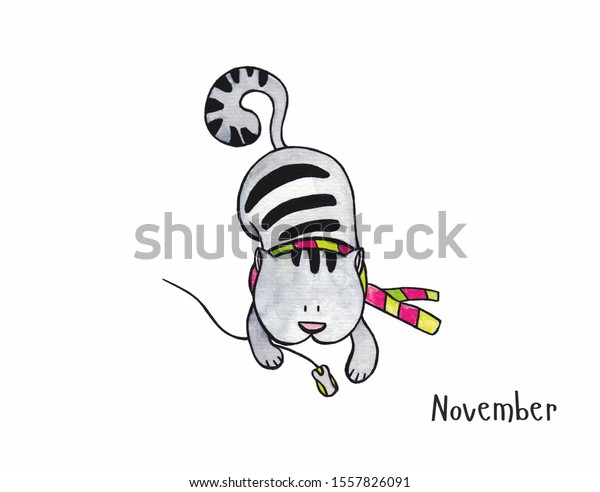 Cute Cat Catches Computer Mouse Drawn Stock Illustration 1557826091 ...