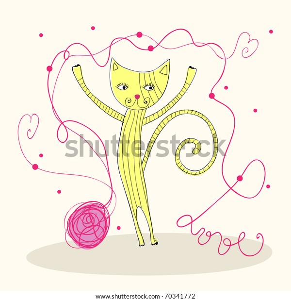 Cute Cat Playing Ball String Stock Illustration 70341772