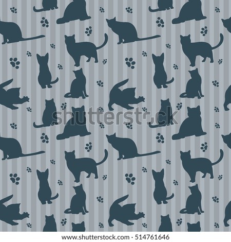 Cute cats silhouettes seamless pattern. Background with cat and stripes ...
