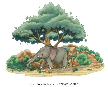 Cute Elephant Under Tree Stock Illustration 1259154787 | Shutterstock
