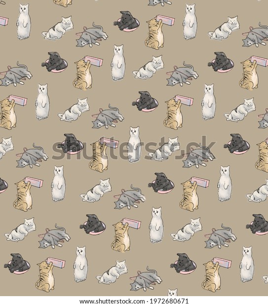 Cute Funny Cat Pattern Wallpaperfabricbackground Stock Illustration ...