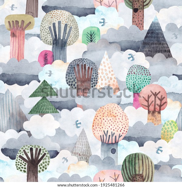 Cute Landscape Huge Trees Above Clouds Stock Illustration 1925481266 ...
