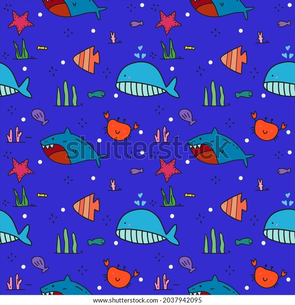 Cute Sea Life Seamless Pattern Set Stock Illustration 2037942095