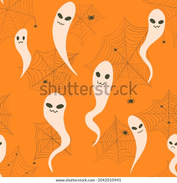 Cute Seamless Handdrawn Ghost Spider Halloween Stock Illustration ...