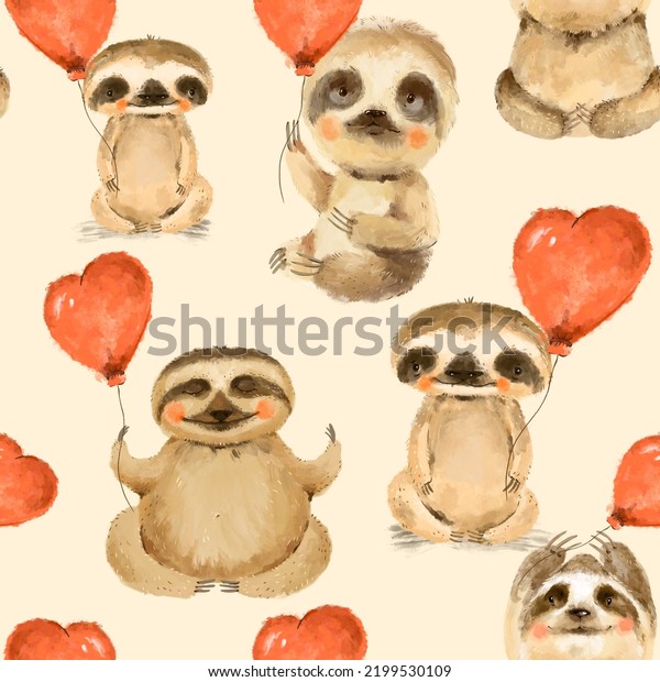 Cute Sloth Heart Seamless Pattern Hand Stock Illustration 2199530109 ...