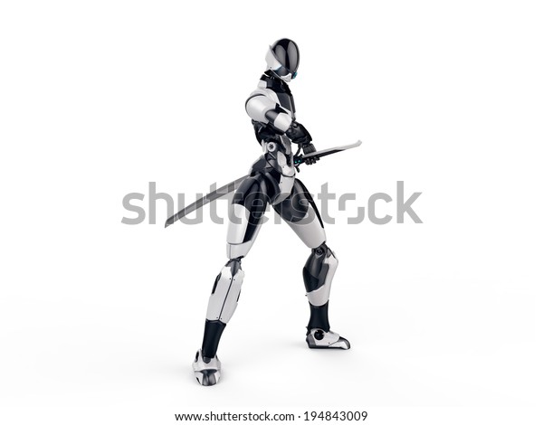 Cyborg Ninja Robot Warrior Gets Sword Stock Illustration 194843009