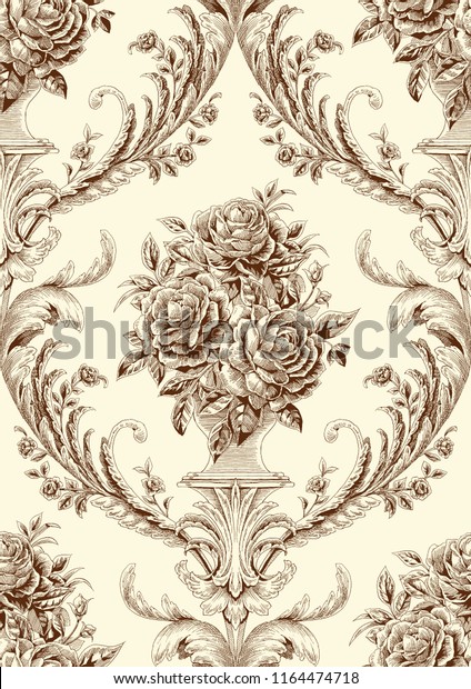 Damask Seamless Pattern Roses: stockillustratie 1164474718 | Shutterstock