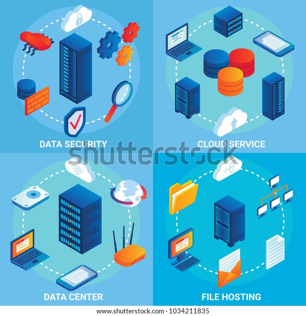 Data Center Concept Isometric Poster Set: ภาพประกอบสต็อก 1034211835 ...
