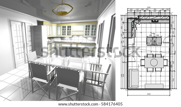 Design Kitchen Dimensions 3d Rendering Interior Stock Illustration ...