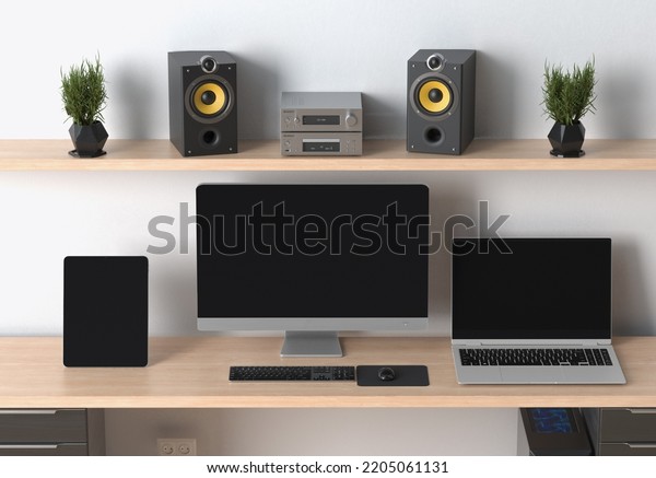 Desktop Computer Scene Mockup 3d Render Stock Illustration 2205061131 ...