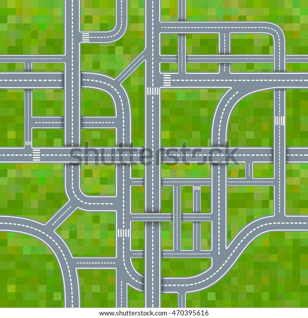 Different Road Junctions On Grass Background Stock Illustration 470395616