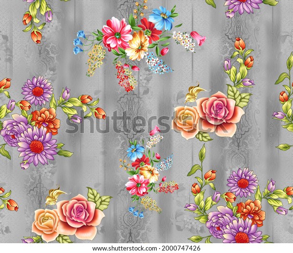 Digital Flower Pattern Gray Color Background Stock Illustration 2000747426