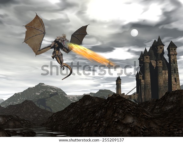 Dragon Spitting Fire Upon Old Castle Stock Illustration 255209137 ...