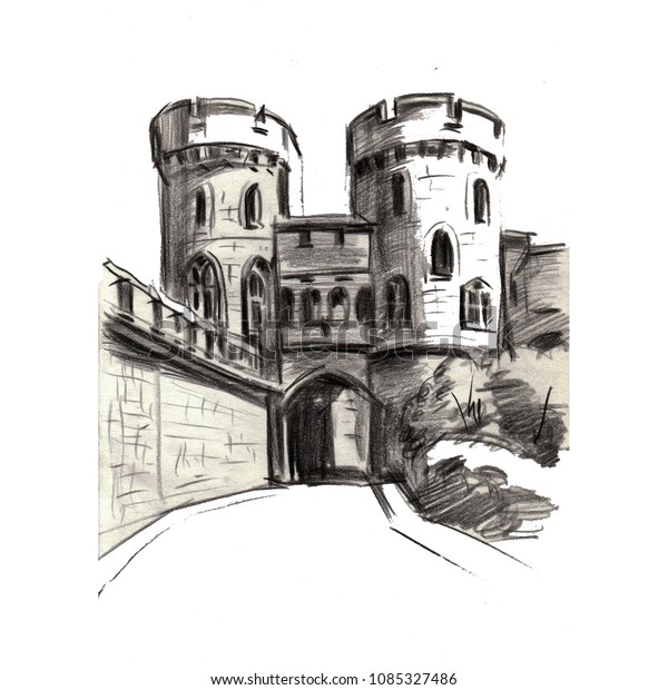 Drawing of architectural structures of the medieval Windsor castle in ...
