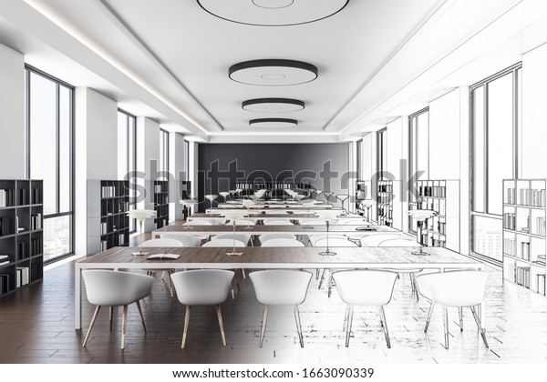 Drawing Modern Library Interior Panoramic Window Stock Illustration ...