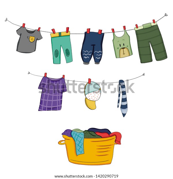 Drying Clothes On String Laundry Basket Stock Illustration 1420290719