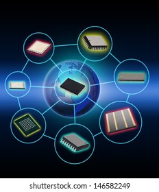 Electronics Components Floating Around Globe Stock Illustration ...