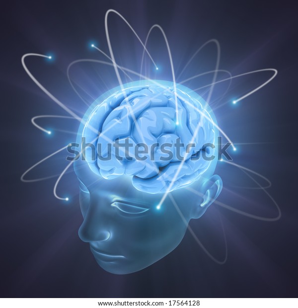 Los electrones giran alrededor del cerebro. Concepto de idea, el poder ...