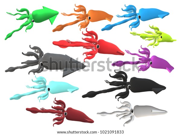 Eleven Colored Squids 3d Illustration Stock Illustration 1021091833 ...