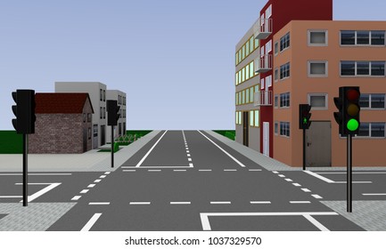 Empty Intersection Green Glowing Traffic Lights Stock Illustration ...