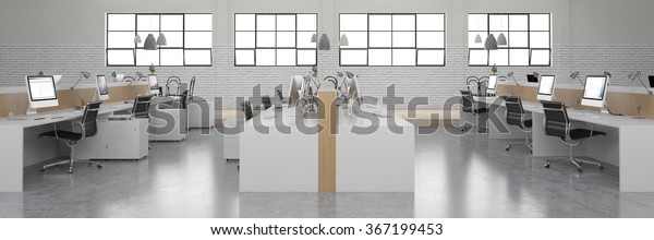 Empty open-plan office from start-up company with computer workspaces ...