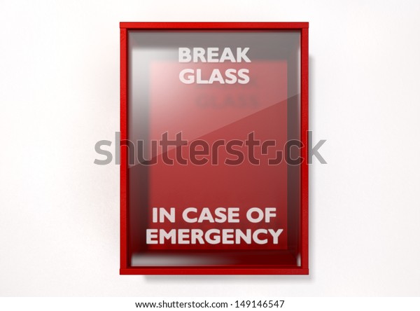 An empty red emergency box with an in case of emergency breakable glass ...