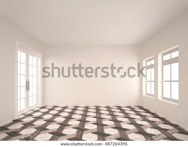 Empty room with tile wood texture floor interior-3D rendering