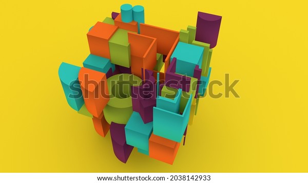 Exploded 3d Shapes On Yellow Background Stock Illustration 2038142933