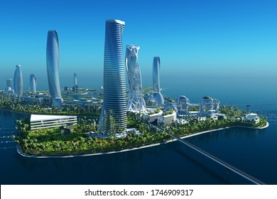 Future City On Coast3d Render Stock Illustration 1660781749