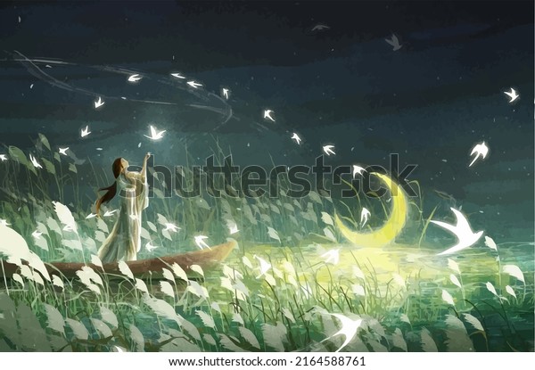 배에 탄 판타지 애니미 소녀 스톡 일러스트 2164588761 Shutterstock