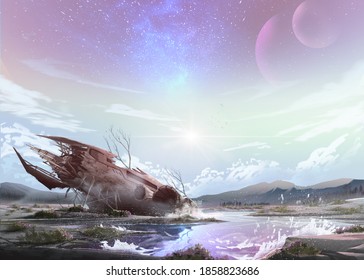 Fantasy Artwork Depicting Outer Space Crashed Stock Illustration ...