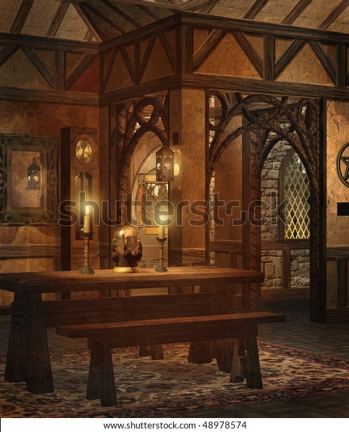 Fantasy Cottage Interior Table Benches Stock Illustration 48978574
