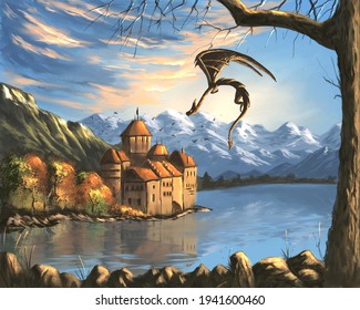 Fantasy Dragon Over Castle Stock Illustration 1941600460 | Shutterstock