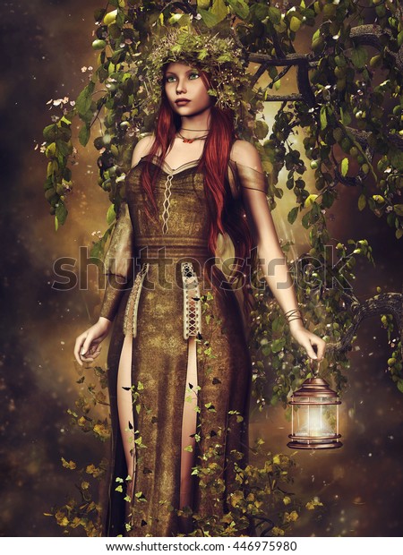 Fantasy Elf Girl Lantern Forest 3d Illustration De Stock 446975980 Shutterstock