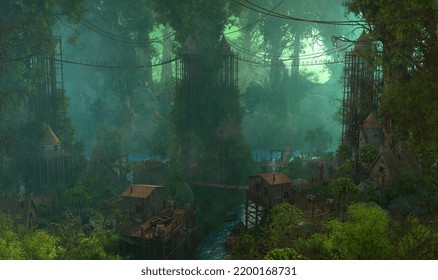 Fantasy Forest Town 3d Render Illustration Stock Illustration ...