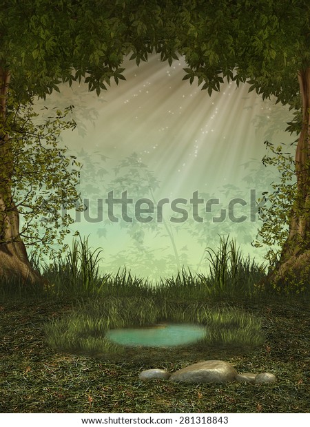 Fantasy Landscape Forest Pond Stock Illustration 281318843