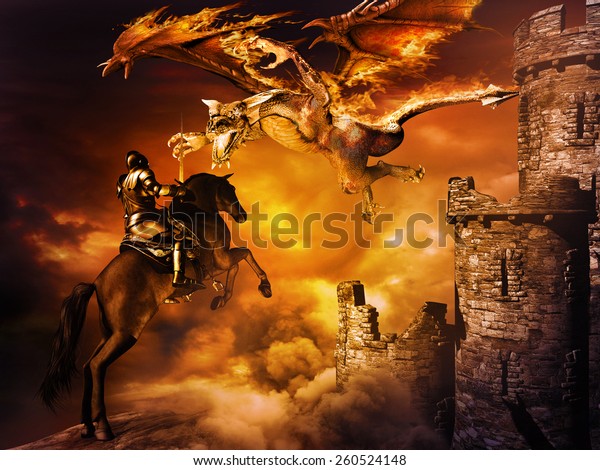 Fantasy Scene Castle Dragon Attacking Black Stock Illustration 260524148